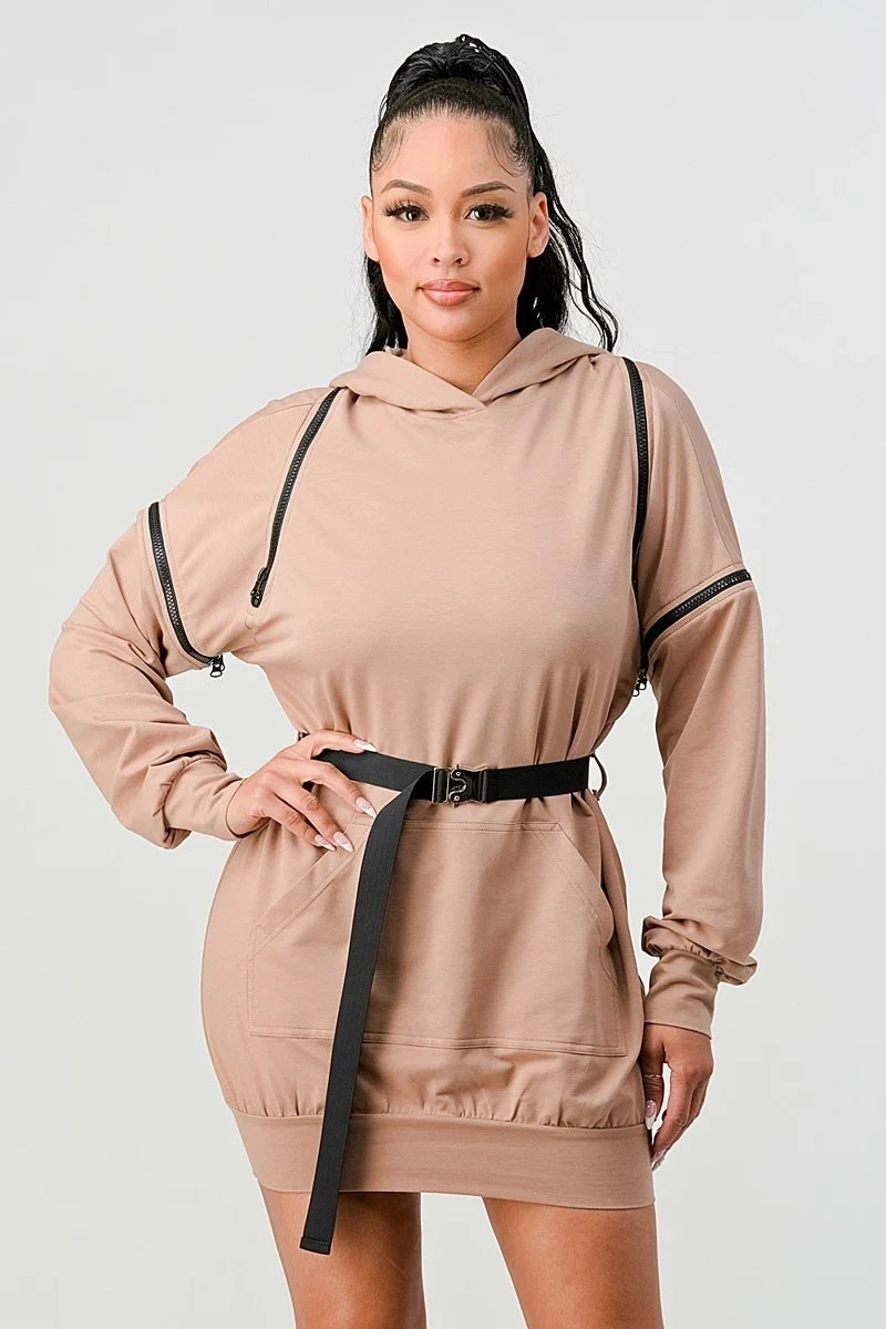 Double Zipper Long Sleeve Hooded Mini Dress - Angelica's Attire